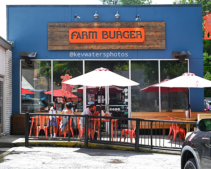 Farm Burger's vibrant blue building and outdoor seating invite you to taste the rainbow of local flavors inside.