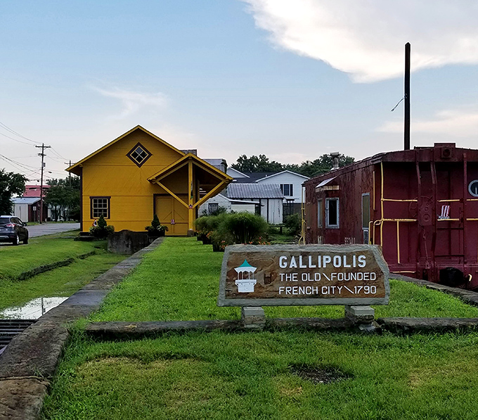 Gallipolis welcomes visitors with a cheerful yellow train station and a sign proudly announcing its French founding in 1790.