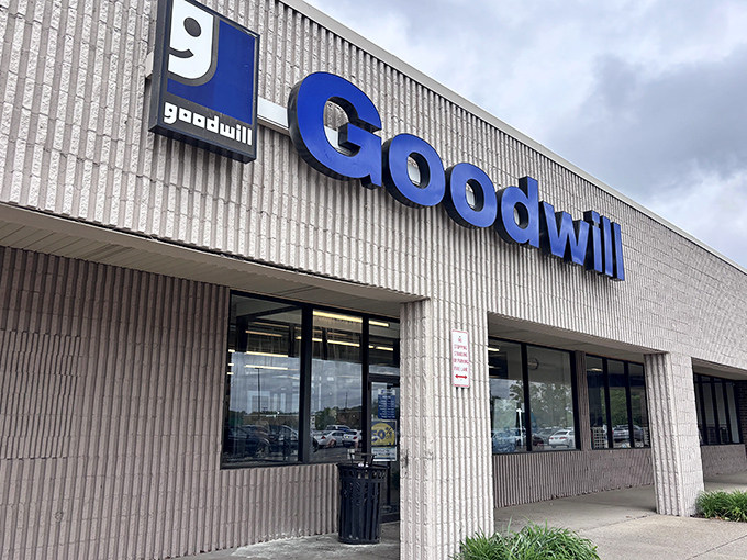 Goodwill's iconic blue "g" logo welcomes shoppers to this Hermitage location, where yesterday's castoffs become tomorrow's treasures.