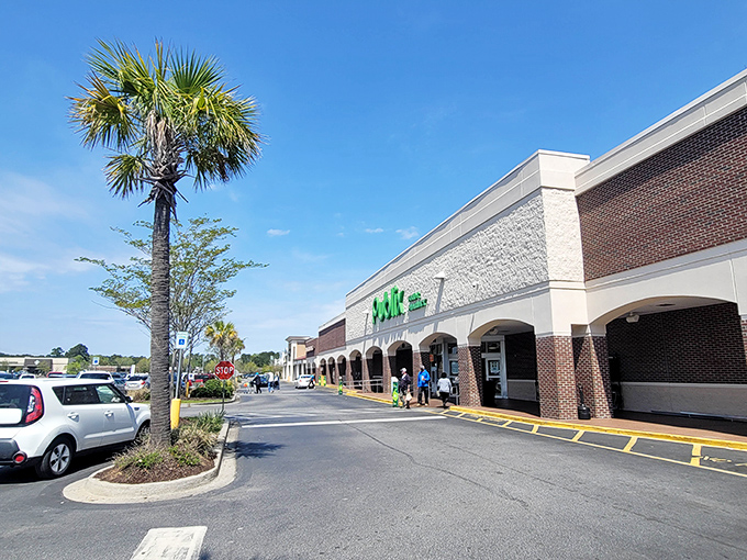 Strip mall practicality never looked so inviting with palm trees swaying overhead.