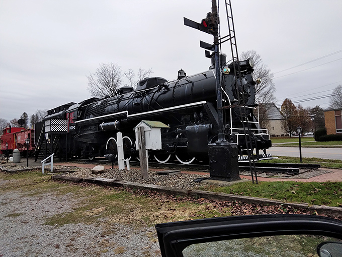 Iron horse dreams! Greenville's preserved locomotive whispers stories of Pennsylvania's industrial past through its silent, powerful presence.
