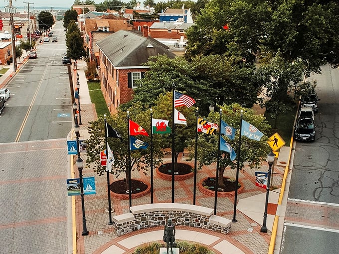 Colorful flags flutter in the breeze, marking this charming waterfront town as a true Chesapeake Bay gem.
