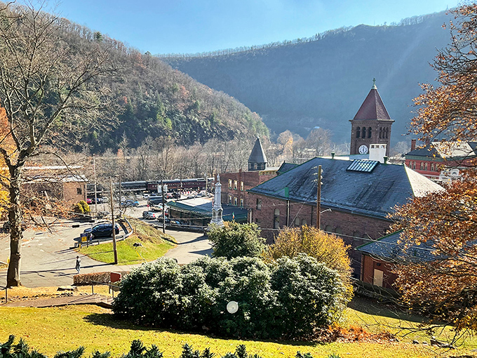 Jim Thorpe's dramatic hillside setting showcases Victorian homes climbing toward the sky like colorful stepping stones.