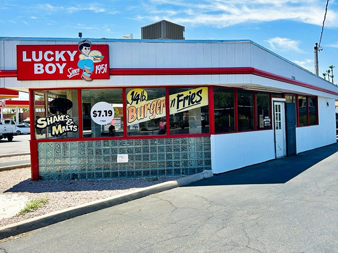 Lucky Boy's vintage charm transports you straight back to the 1950s. That winking mascot has seen generations of burger lovers come through.