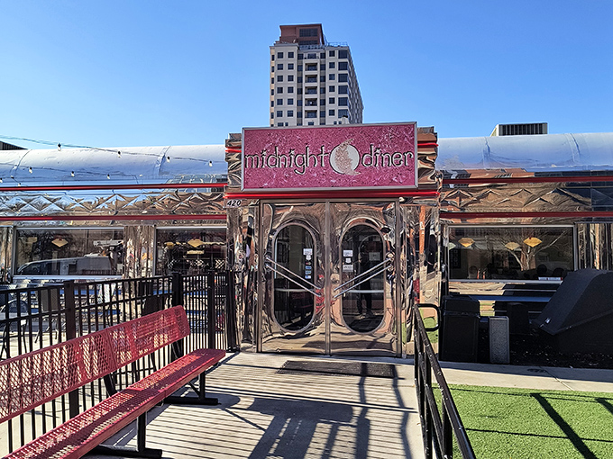 Midnight Diner's gleaming silver exterior shines like a chrome time machine ready to transport you to breakfast bliss.