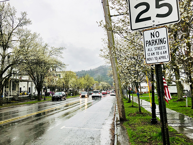 Even on a rainy day, Milford's historic homes stand proud, their classic architecture defying the gray skies.