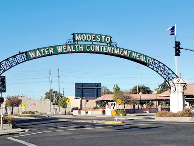 Modesto's iconic arch proudly proclaims the city's values. Add "affordable housing" and it's the perfect California welcome sign!