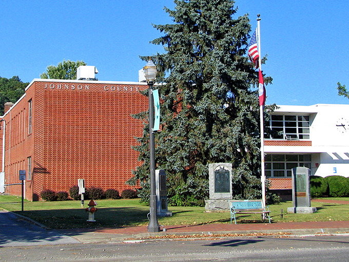 Mountain City's courthouse stands proudly against a brilliant blue sky, the heart of this charming Appalachian community.