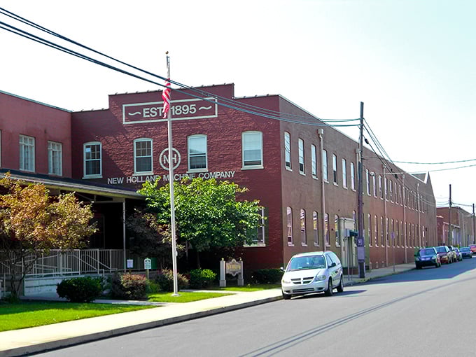 Industrial elegance in brick! New Holland's machine legacy stands proud&mdash;America's heartland at its hardworking finest.