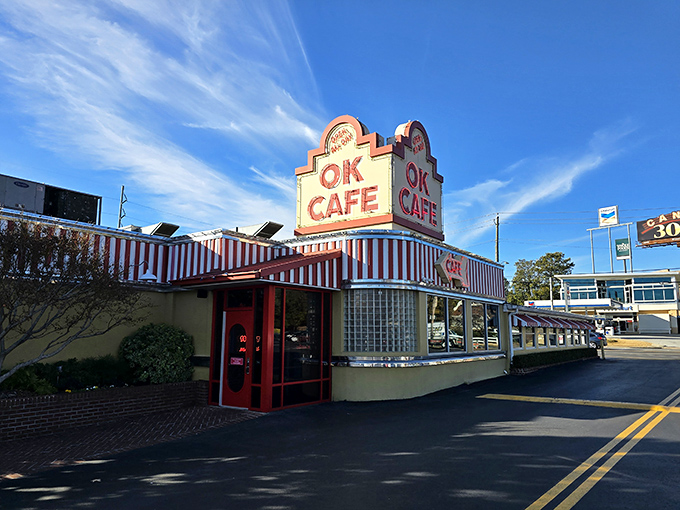 OK Cafe's candy-striped awnings aren't just cute&mdash;they're signaling some seriously good biscuits and gravy ahead.