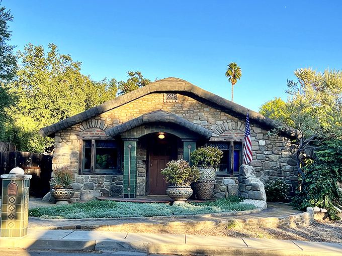 Ojai's stone cottage looks like it was plucked from a fairy tale, complete with American flag and drought-resistant garden.