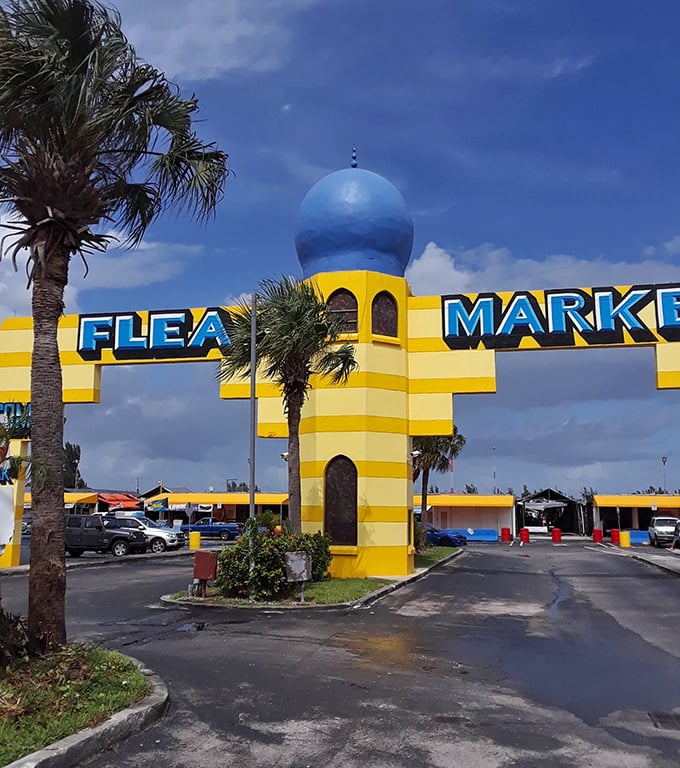 Welcome to the Taj Mahal of flea markets, where yellow and blue architecture meets bargain hunting bliss.