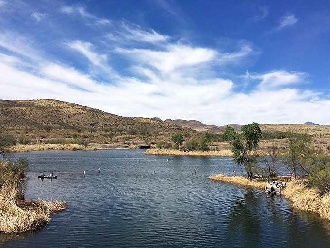Patagonia's serene lake reflects the perfect Arizona sky, inviting anglers and paddlers to enjoy its peaceful waters.