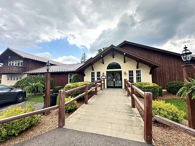 Penn Alps' rustic entrance welcomes you with country charm and mountain air. That wooden walkway isn't just leading you to dinner&mdash;it's a path to Appalachian culinary traditions. 