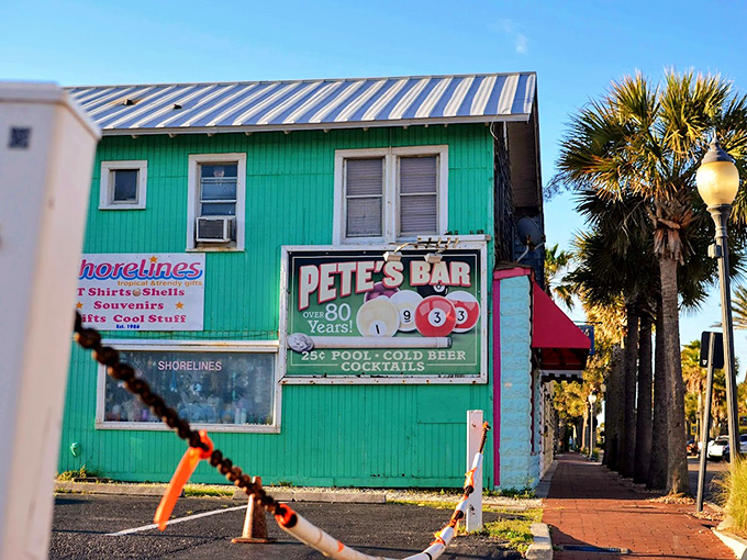 Pete's Bar's turquoise exterior stands out like a beacon for those seeking authentic old Florida vibes.