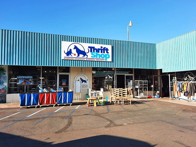 The turquoise facade of Rancho Coastal Humane Society Thrift Shop pops against the California sky&mdash;as cheerful as finding that perfect bargain.