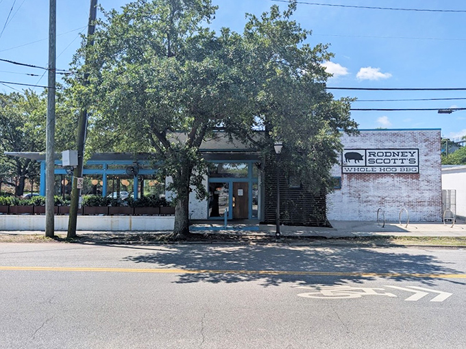 Those bright blue accents aren't just pretty&mdash;they're a beacon guiding hungry souls to whole hog heaven in Charleston.