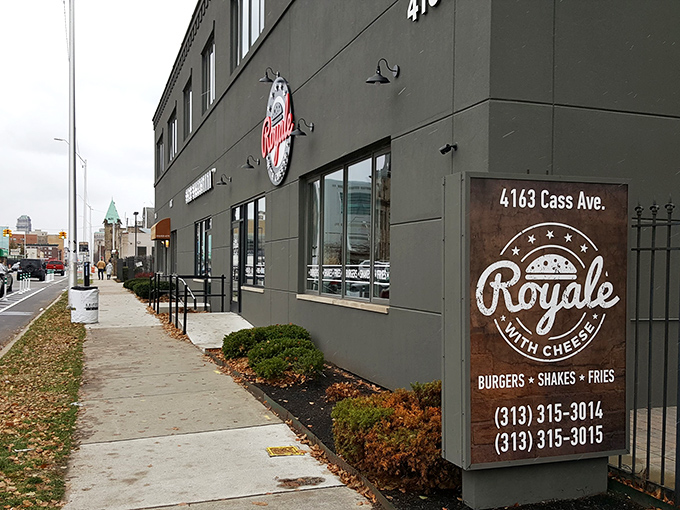 Royale with Cheese brings urban cool to Detroit's burger scene. That sleek exterior hints at the creative flavor combinations waiting inside.