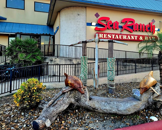 Sea Ranch's dramatic entrance makes a bold statement. Those wooden dolphins have witnessed countless seafood celebrations over the years.
