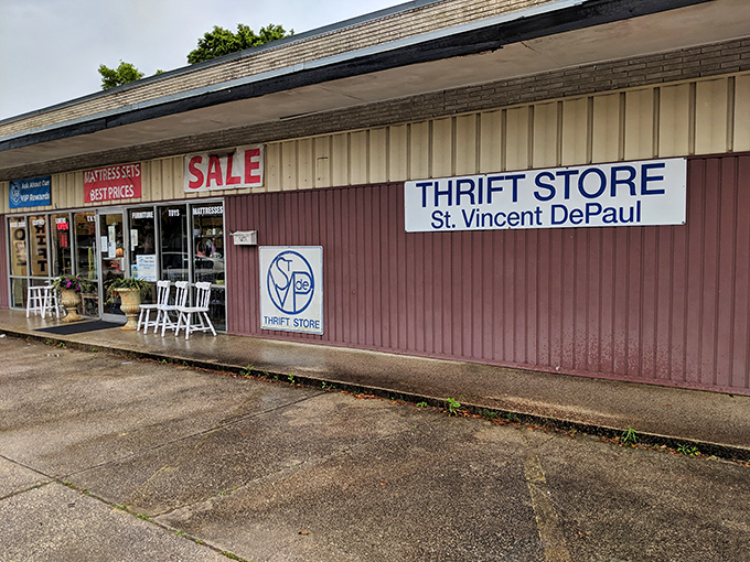 St. Vincent DePaul's burgundy facade stands ready for treasure hunters. Like a fine wine, this thrift store gets better with age!