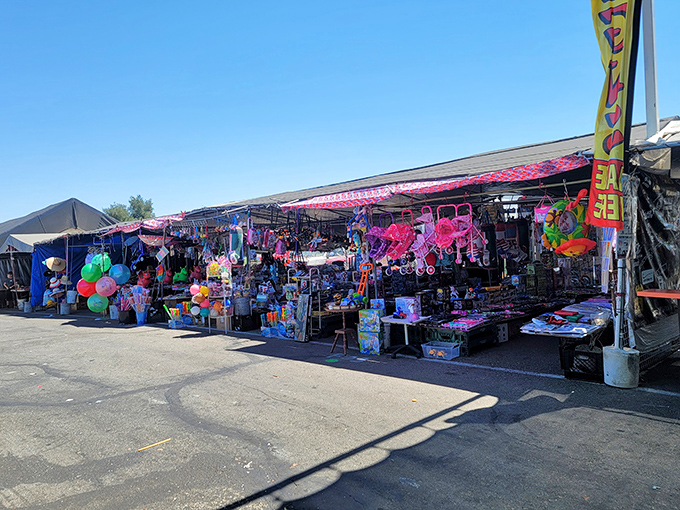 Early birds catch the deals! Morning shoppers browse through an eclectic mix of merchandise at Stockton's sprawling market.