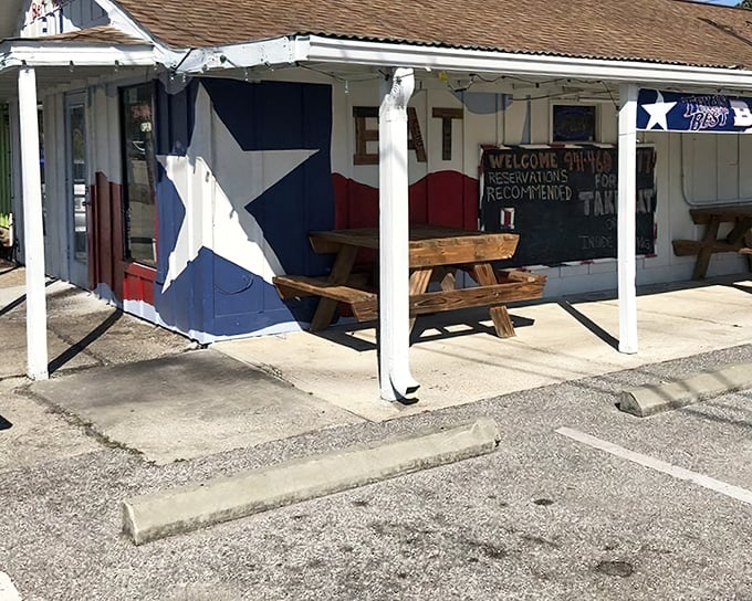 Texas Best Barbecue wears its Lone Star pride on its sleeve &ndash; and its walls. The Texas flag mural promises authentic smoked meat inside.