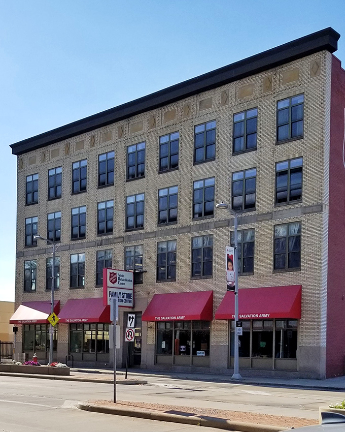 The Salvation Army's historic building stands tall in Cleveland, housing four floors of secondhand treasures in architectural splendor.