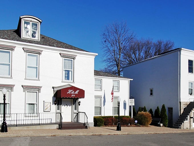 Vevay's elegant white buildings stand crisp against the blue Indiana sky. That burgundy awning is like the cherry on top of this architectural sundae!