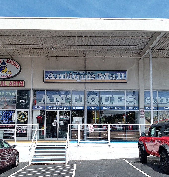 Virginia Beach Antique Mall welcomes treasure hunters with a bright storefront and promises of coastal collectibles inside.