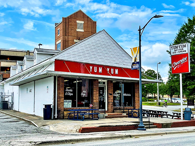 Yum Yum's vintage striped building with its classic Cheerwine sign is a time machine to when food was simple and simply delicious.