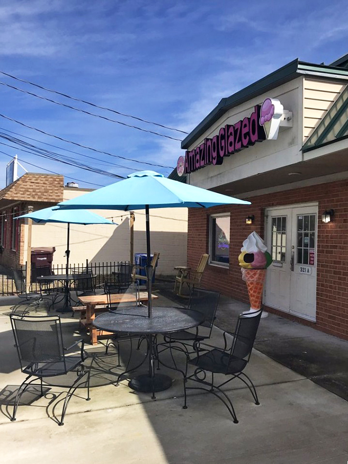 Those blue umbrellas aren't just for show &ndash; they're staging areas for donut enjoyment that lives up to the "amazing" promise.