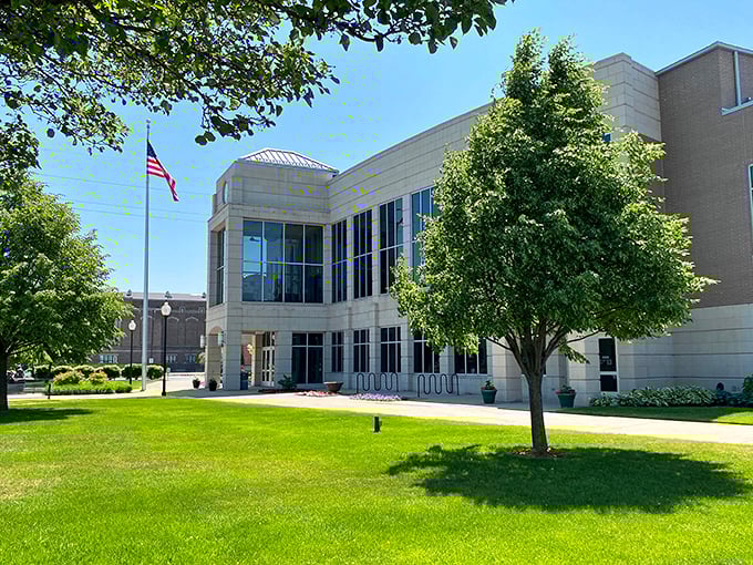 Modern architecture and lush greenery shine together, making this civic building a welcoming and vibrant part of Bay City.