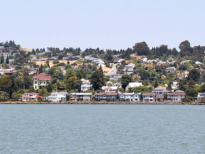 Houses climb the hillside in Benicia, each one competing for the best view of the shimmering water below.