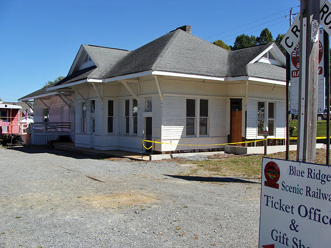 The Blue Ridge Scenic Railway ticket office waits patiently for travelers seeking a ride through time and mountain splendor.