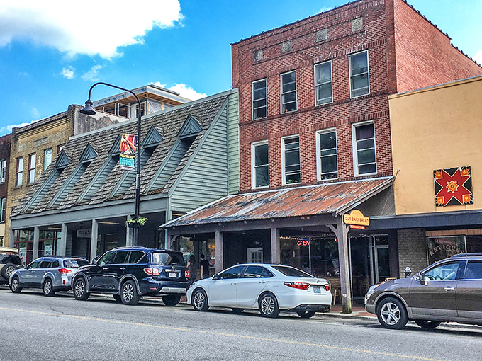 Blue skies and brick buildings create the perfect backdrop for an afternoon of window shopping.