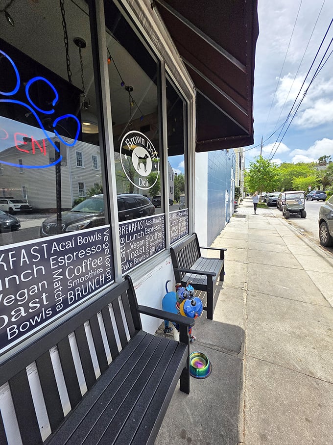 Brown Dog Deli: Those sidewalk benches invite you to sit and savor your gourmet dog while watching Charleston stroll by.