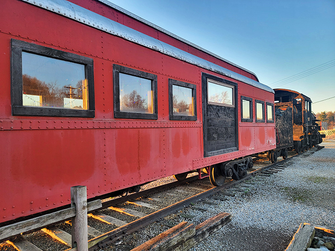Those vintage red cars gleaming in the afternoon sun make every meal feel like a first-class ticket to flavor town.