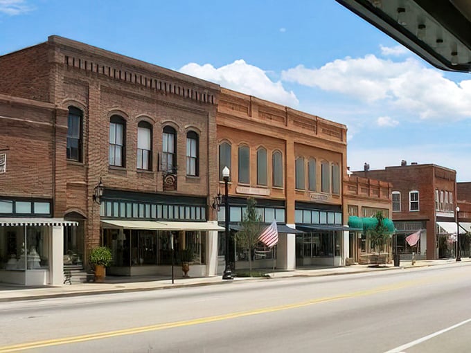 Aerial perspective reveals the perfect grid of a town planned with both practicality and beauty in mind. 