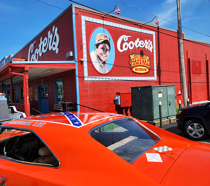 The General Lee's cousin parks outside this red shrine to good ol' boys and simpler times when TV was appointment viewing.