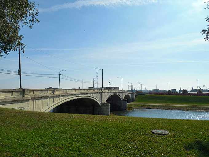 Dayton's revitalized downtown plaza offers green space amid urban affordability. Your Social Security check stretches further with views like this!