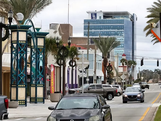 Daytona Beach's downtown mixes old Florida charm with that imposing blue office building playing referee.