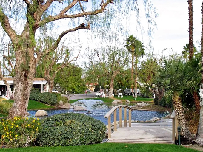 A peaceful pond with wooden bridge that's perfect for morning contemplation. "How did I afford to retire in California?" is a popular topic.