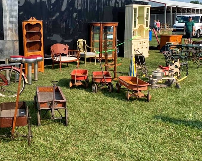 Vintage wagons and weathered furniture await new homes at Eagle River's market &ndash; each piece telling stories of Wisconsin summers past.