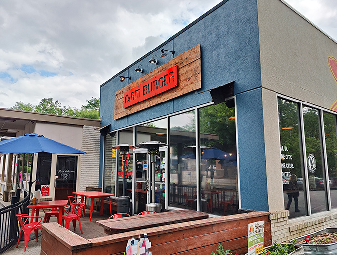 The bright blue exterior of Farm Burger stands out like a delicious beacon, promising ethical eating without sacrificing flavor.