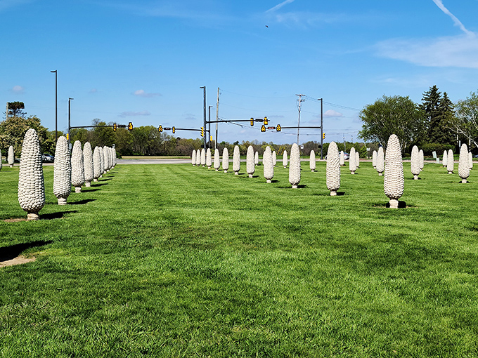 Cornhenge! The perfect alignment of these giant concrete cobs creates fascinating patterns against the Ohio sky.