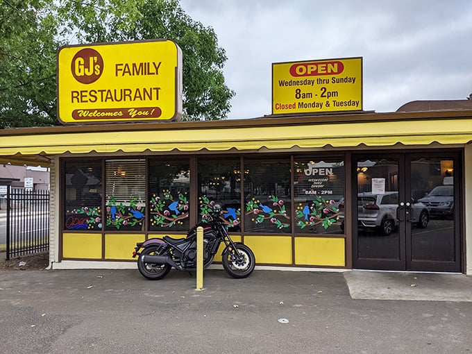 The hand-painted windows at GJ's Family Restaurant hint at the personal touches waiting inside.