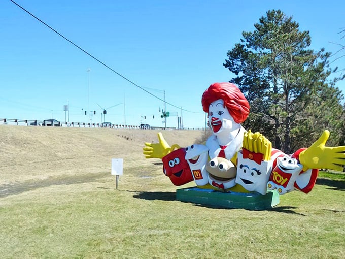 The happiest meal on earth sits roadside, where Ronald's smile is bigger than your car windshield.