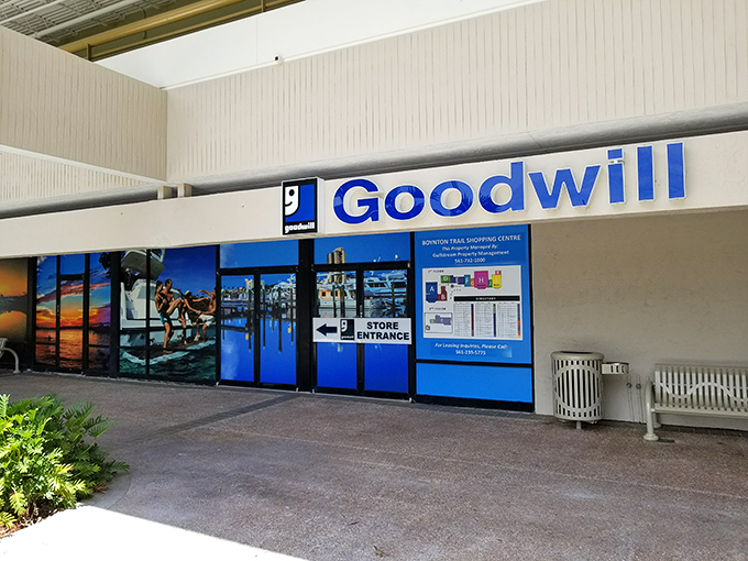 Blue signage pops against the neutral tones of this Goodwill location. Inside awaits a department store's worth of secondhand surprises.