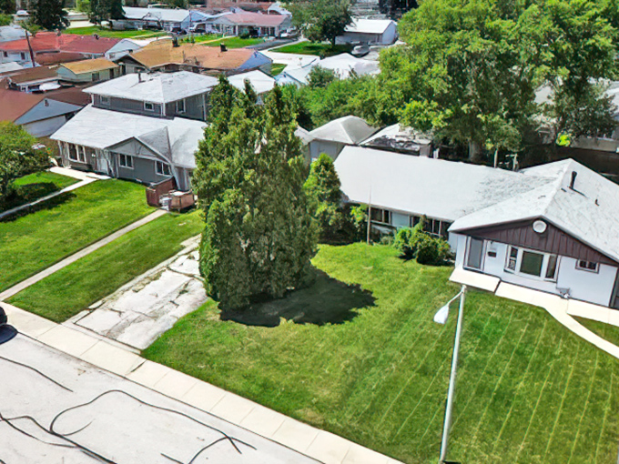 Neatly trimmed lawns, cozy mid-century homes, and leafy trees capture the quiet charm and close-knit feel of suburban life in Hometown, Illinois.