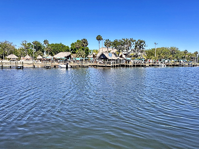 The waterfront at Homosassa Springs welcomes visitors with thatched huts and the promise of fresh seafood just steps from the boat.